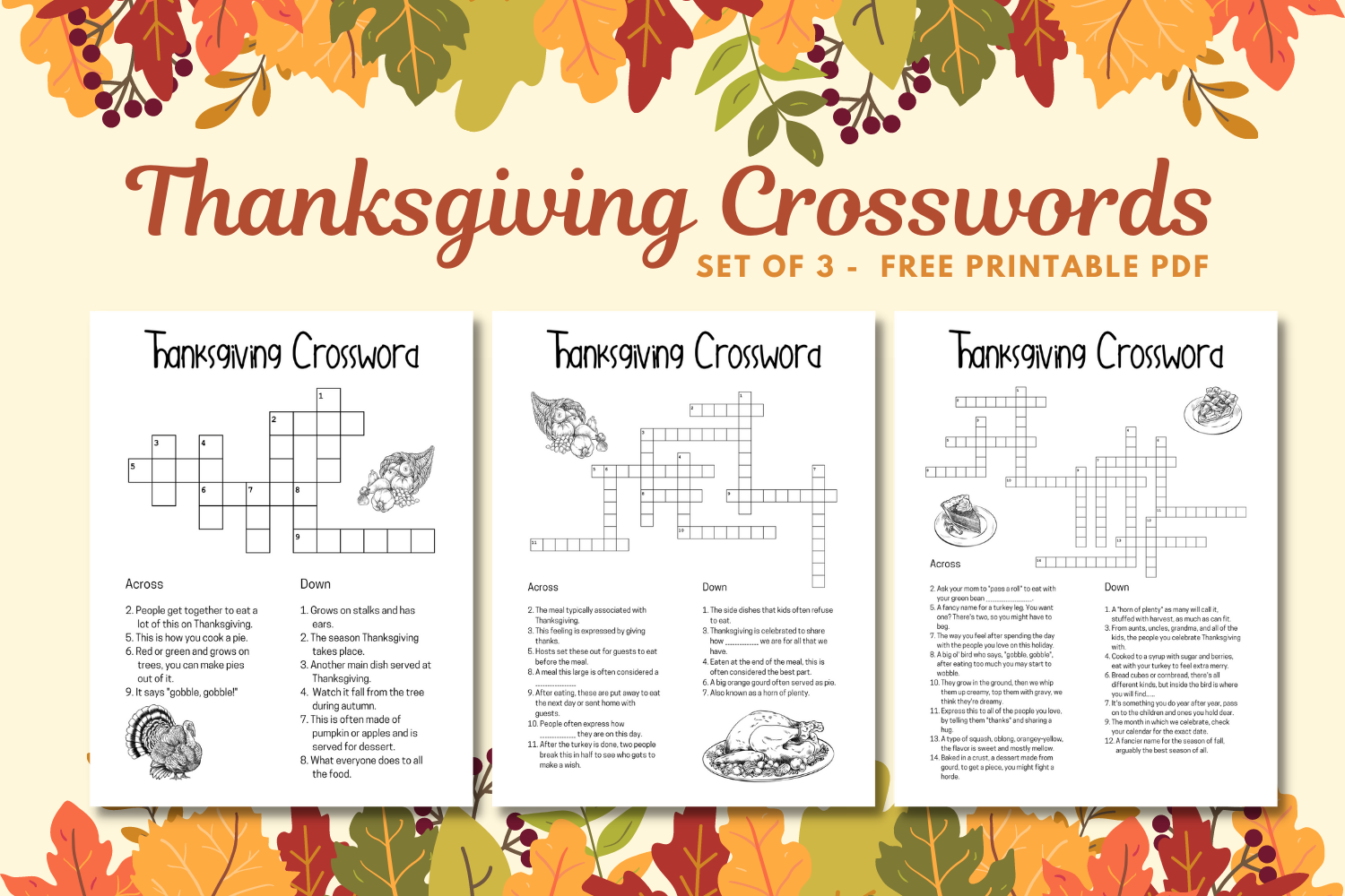 Thanksgiving Crossword Puzzles - Free Printable PDF Set of 3 - Fickle ...